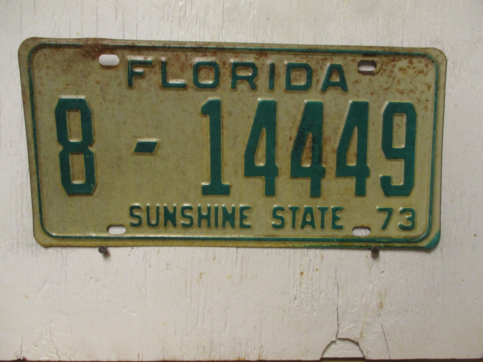 1973 Florida license plate tag Sunshine State 8-14449 green and off ...