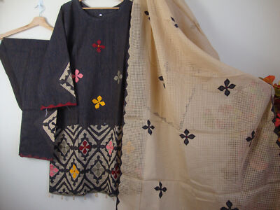 New KHADI KHADDAR with applic work stitched 3pc suit khadi net applic ...