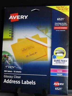 Avery 6521 Glossy Clear Easy Peel Mailing Labels 1 x 2 5/8" CLEAR 300 ...