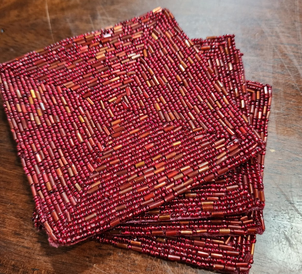 Beaded Cloth Handmade HOLIDAY FANCY Coasters Orange Red Gold Set Of ...