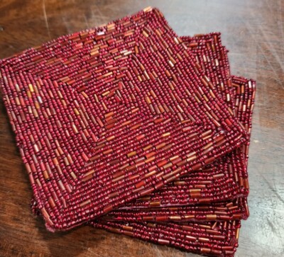 Beaded Cloth Handmade HOLIDAY FANCY Coasters Orange Red Gold Set Of ...