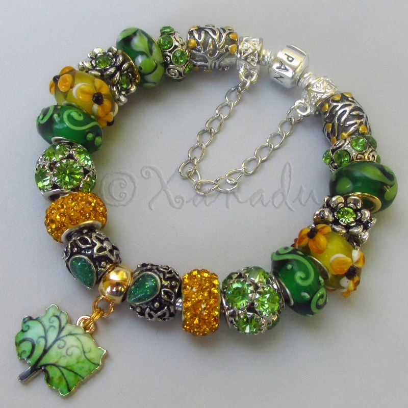 Genuine Sterling Pandora Bracelet w/ European Green And Gold Murano ...