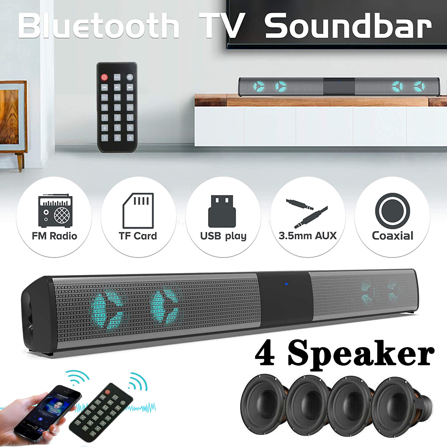 Surround Sound Bar 4 Speaker System Wireless Bluetooth Subwoofer TV ...