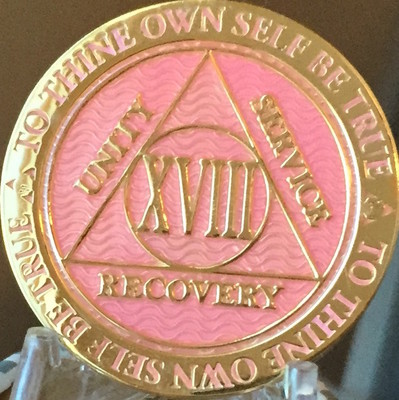 18 Year AA Medallion Pink Gold Plated Alcoholics Anonymous Sobriety ...