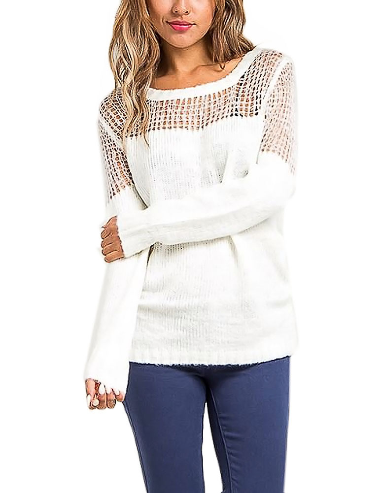 Long Sleeve Round Neck Mesh Knit Sweater Top S/M ~ M/L | eBay