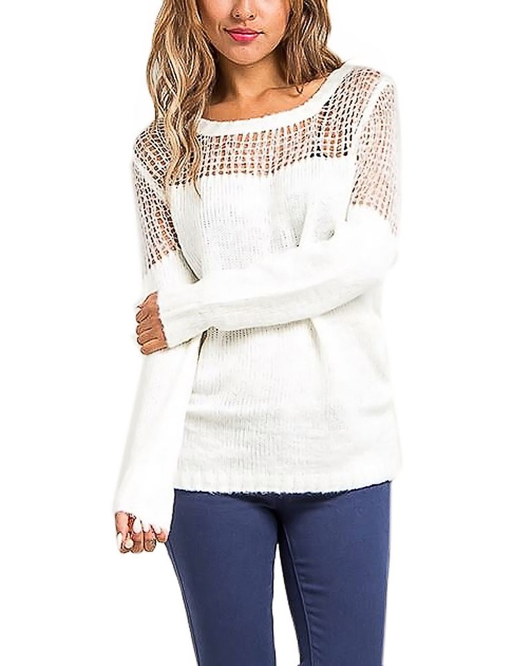 Long Sleeve Round Neck Mesh Knit Sweater Top S/M ~ M/L | eBay