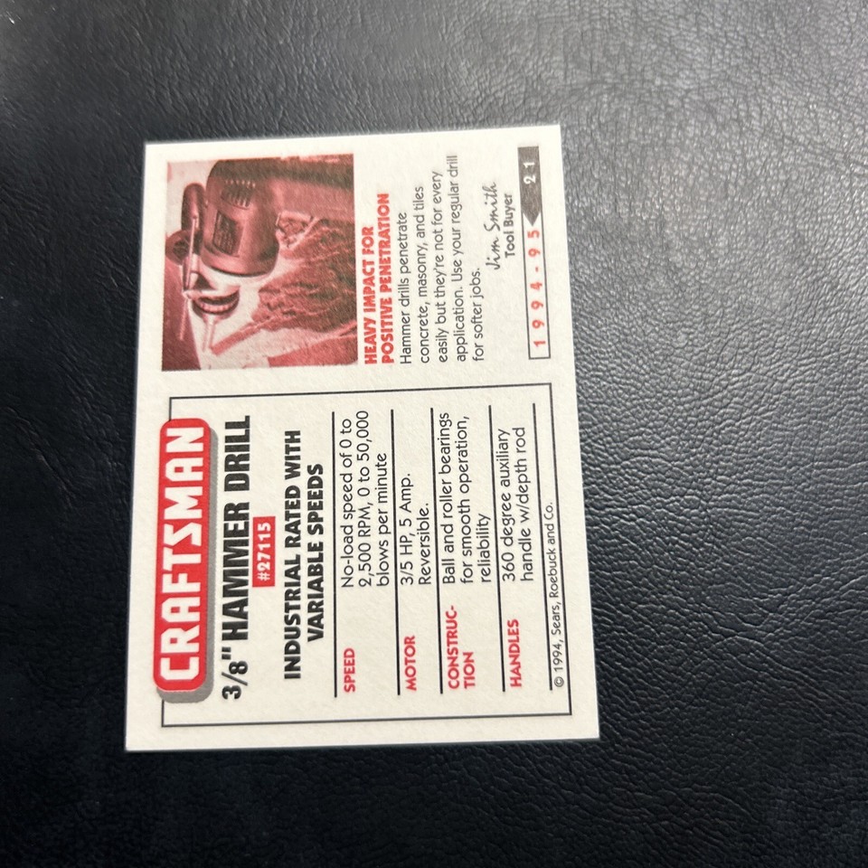C37d Craftsman Sears Roebuck 1994/95 Collector Cards #21 Hammer Drill 3 ...