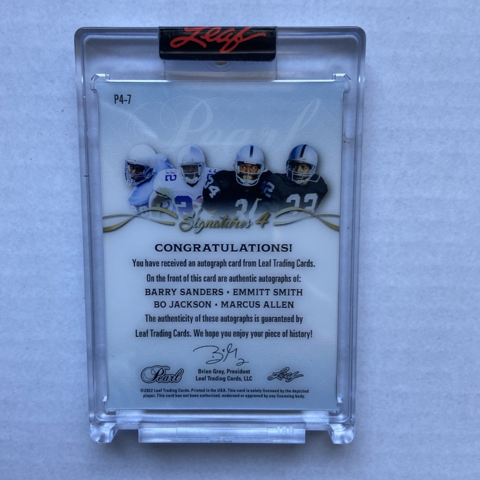 Barry Sanders/Emmitt Smith/Bo Jackson/Marcus Allen 2022 Leaf Pearl Quad ...