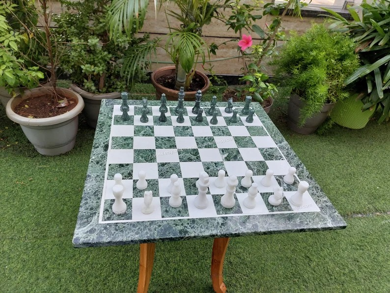 Chess Set in Natural Green Granite Marble with Green and White Pieces ...