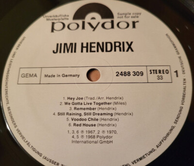 Jimi Hendrix "Jimi Hendrix" Polydor Records German white label promo ...