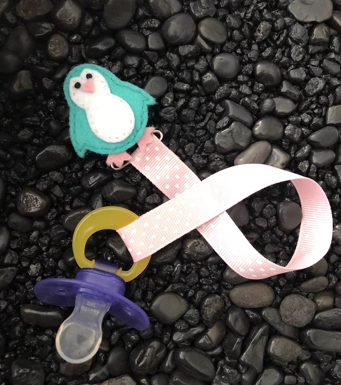 PENGUIN Ribbon Pacifier holder clip strap, binky, paci leash-Handmade ...