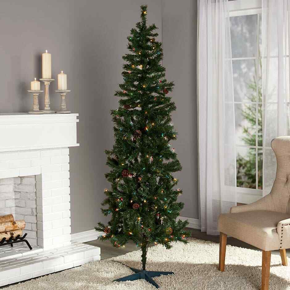 7Ft Slim Prelit Artificial Christmas Tree Flocked Green or White ...