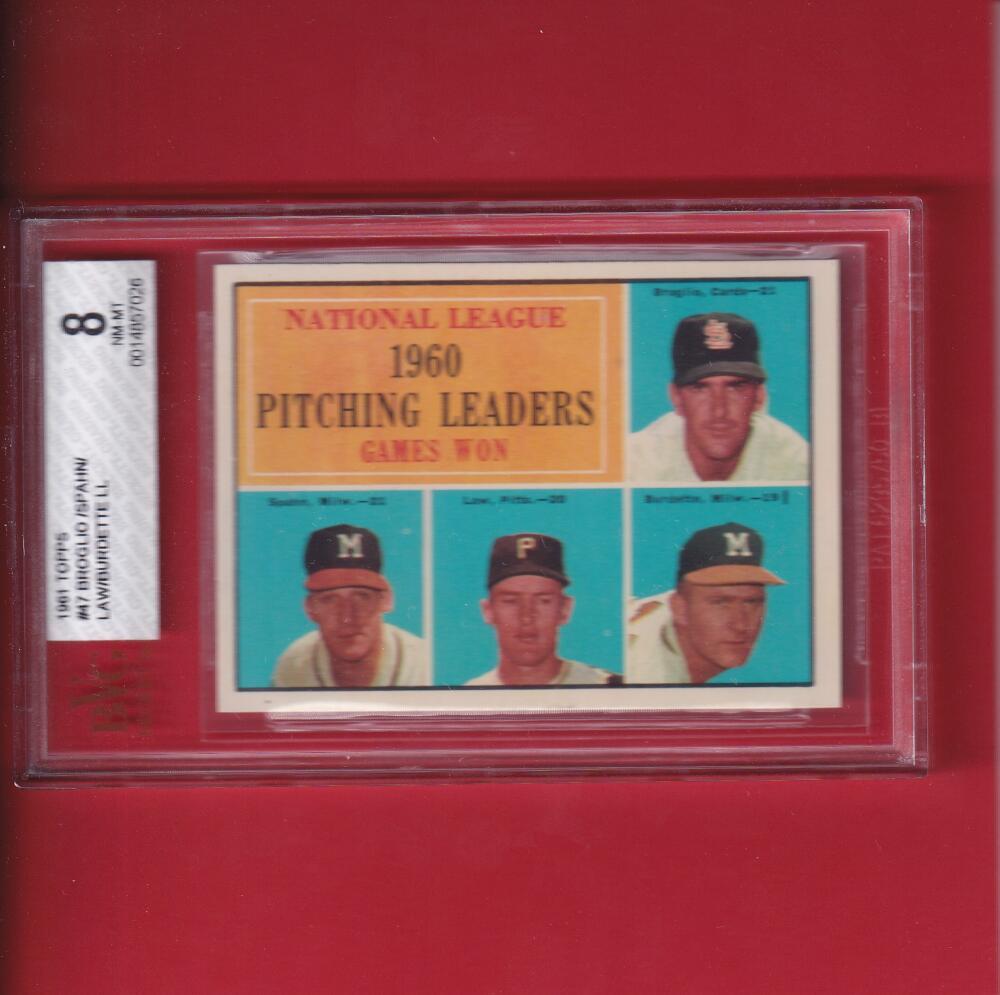 1961 Topps #47 NL Pit.Ldrs.(w/bar) Broglio/Spahn/Law/Burdette BVG NM-MT ...