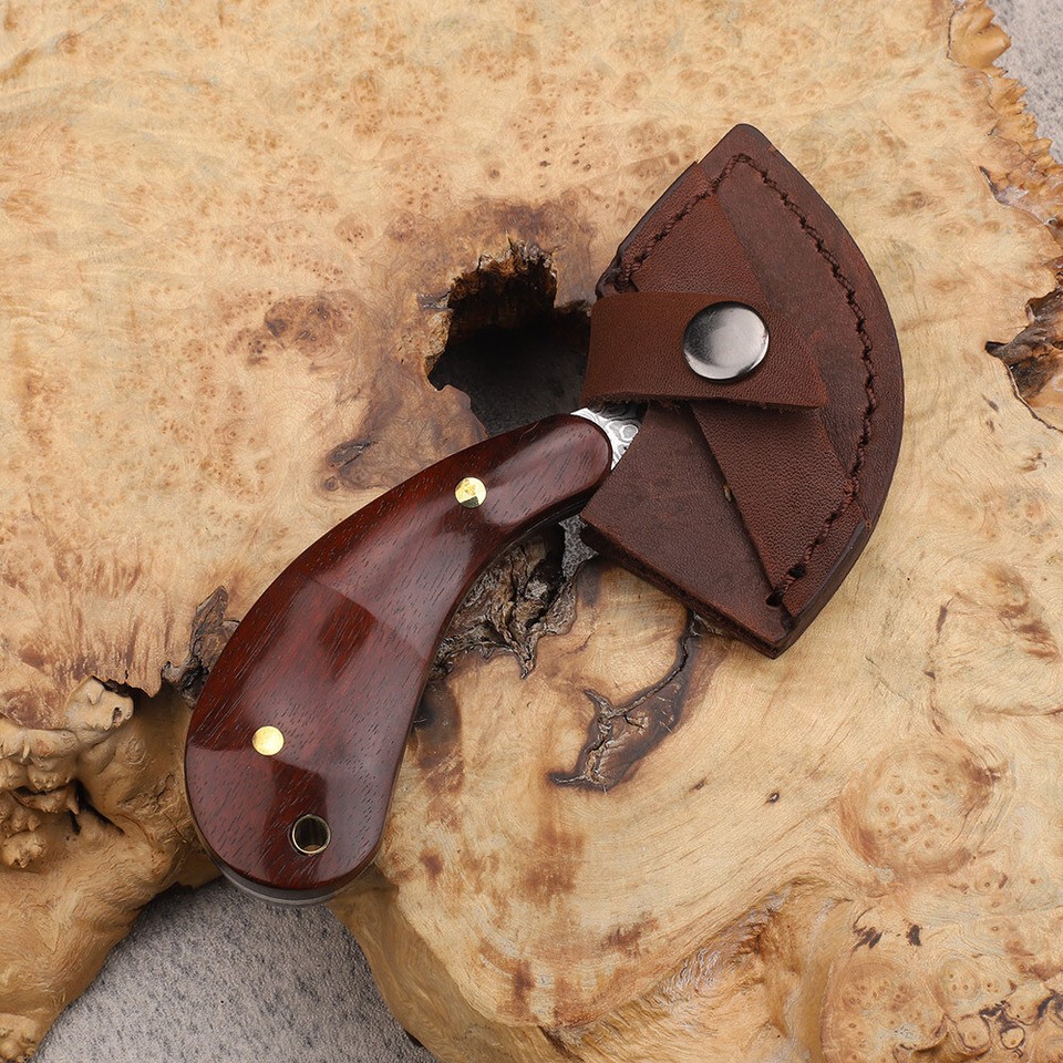 Small Damascus Round Head Knife Leather Craft Cutter Rosewood Handle ...