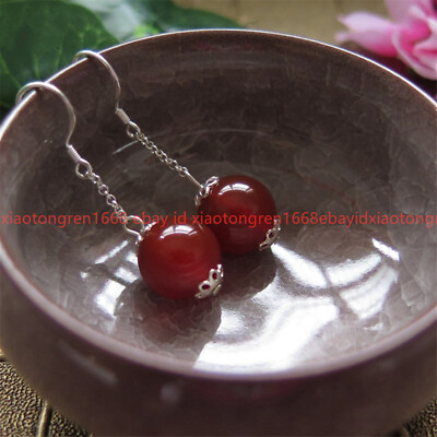 Fashion Pretty 10mm Red Agate Gems Round Beads Hook Dangle Earring | eBay