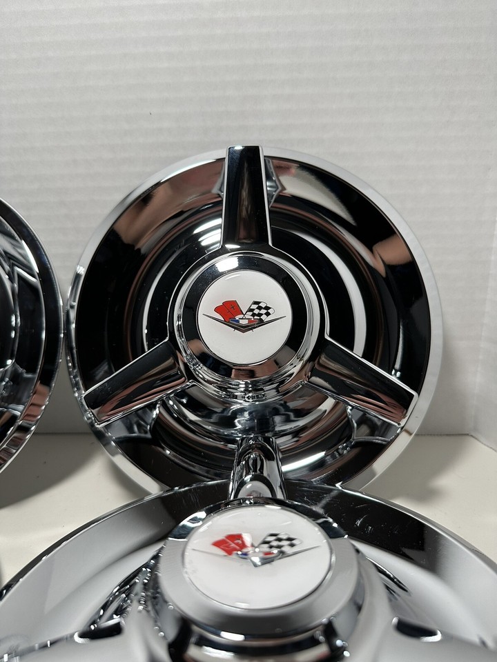 (4) 3 BAR SPINNERS CENTER CAPS FOR CHEVY RALLY WHEELS 7",White VINTAGE ...