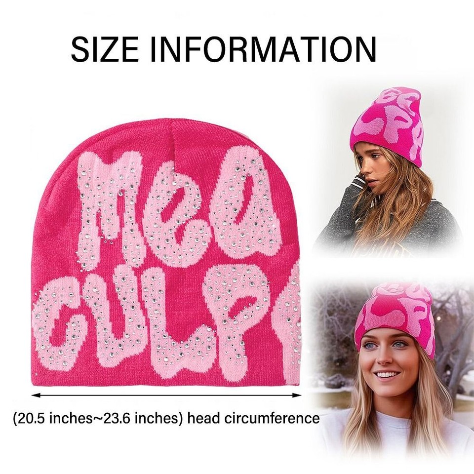 Warm MEA Culpa Beanies Hat with Rhinestone Knitted Slouchy Cap for ...