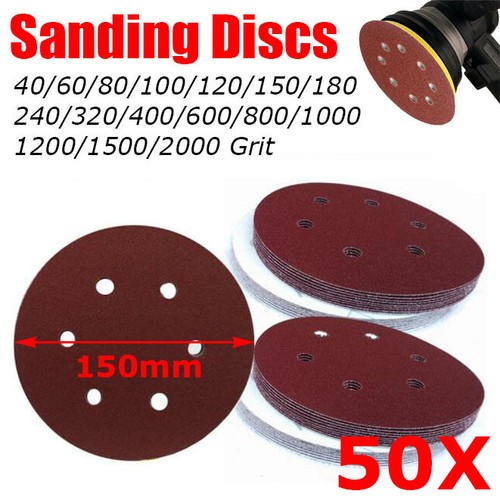 50PCS 150mm Sanding Discs 6 inch Sandpaper Pad Hook and Loop 6 Hole 40 ...