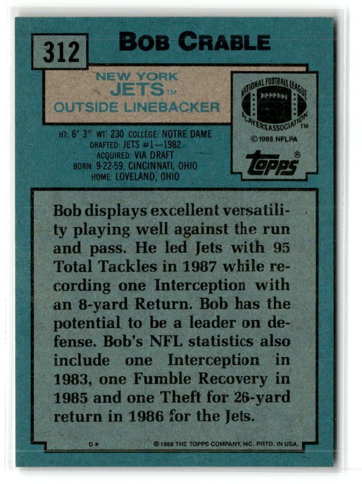 1988 Topps Football #312 Bob Crable New York Jets | eBay