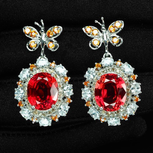 SPECIAL WHITE GOLD EARRINGS WITH RED ORANGE SAPPHIRE 15.10CT 925 ...