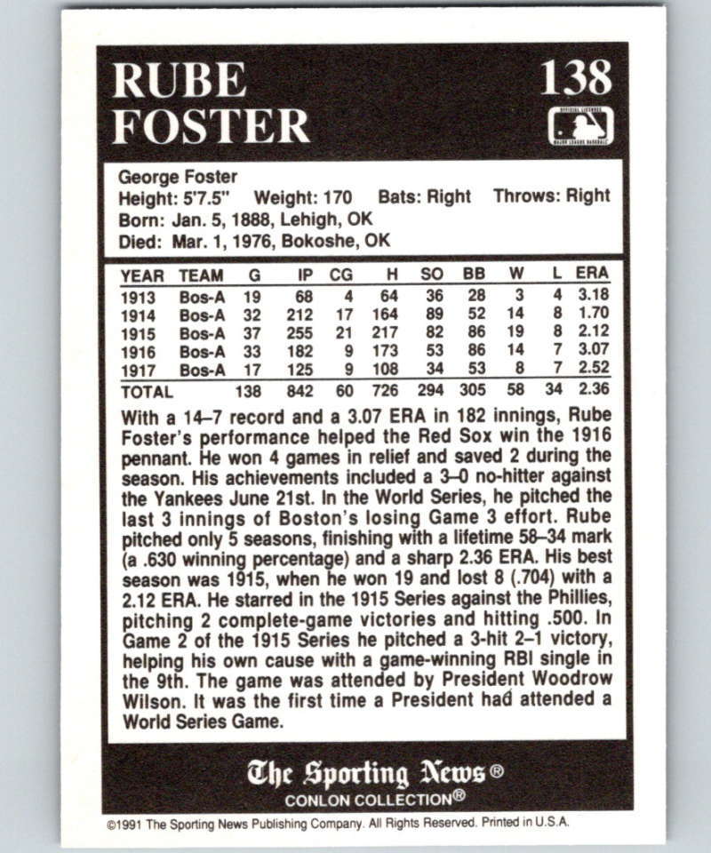 1991 Conlon Collection #138 Rube Foster EX Excellent Red Sox | eBay