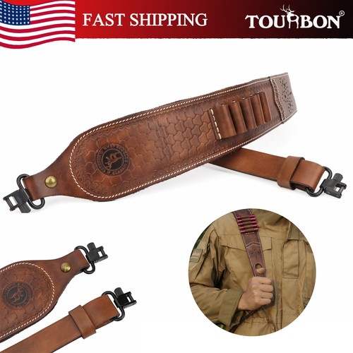 TOURBON Vintage Leather 2 Point Padded Rifle Sling Swivels Ammo Holder ...
