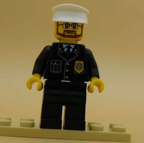 LEGO City minifigure, Police - Black Suit, White Cap, Beard & Glasses ...