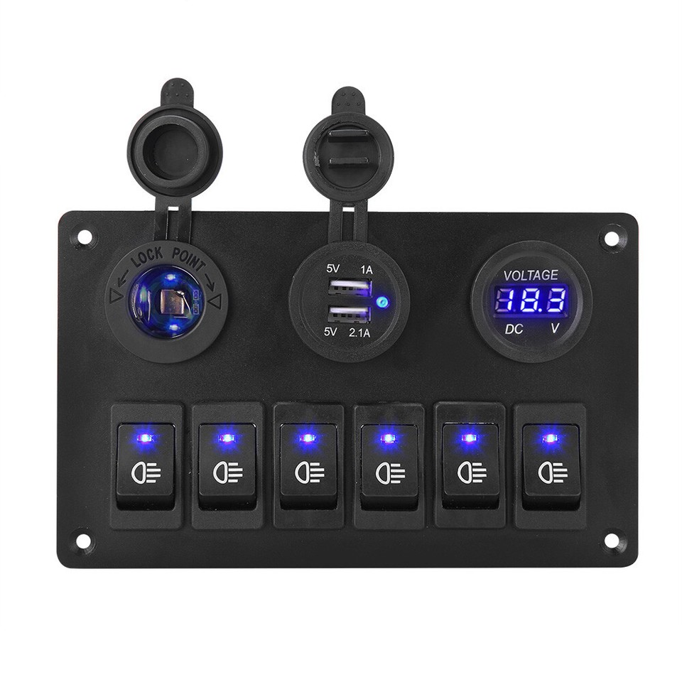 6 Gang 12V Switch Panel Control USB ON-OFF LED Rocker Toggle For Car ...