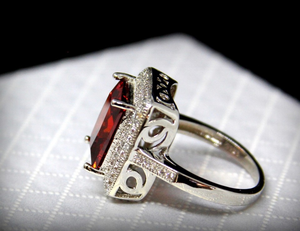 6 cwt. Red Garnet Square Ring made w Swarovski Crystal Rhodium Plated ...