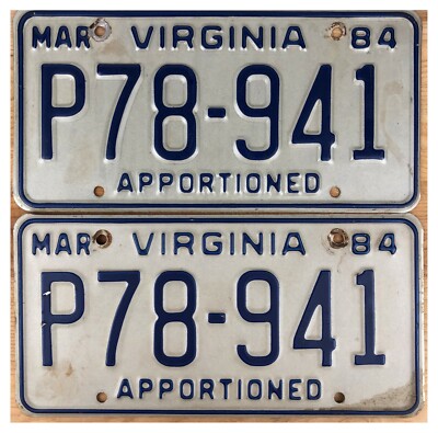 Virginia 1984 APPORTIONED TRUCK License Plate Pair P78-941! | eBay