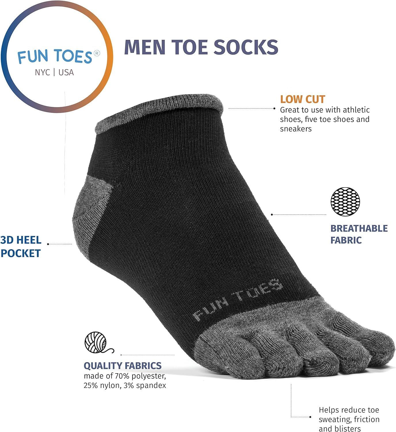 FUN TOES Mens Toe Socks Barefoot Running Lightweight -Value 6 10-13, Black | eBay