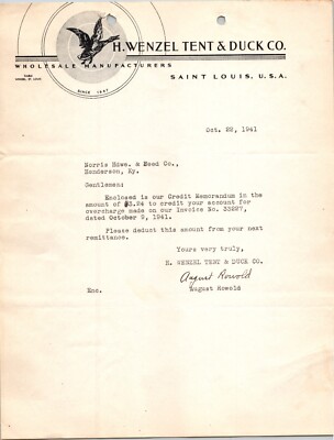 Wenzel Tent & Duck Saint Louis MO 1941 Letterhead Flying Duck Vignette ...