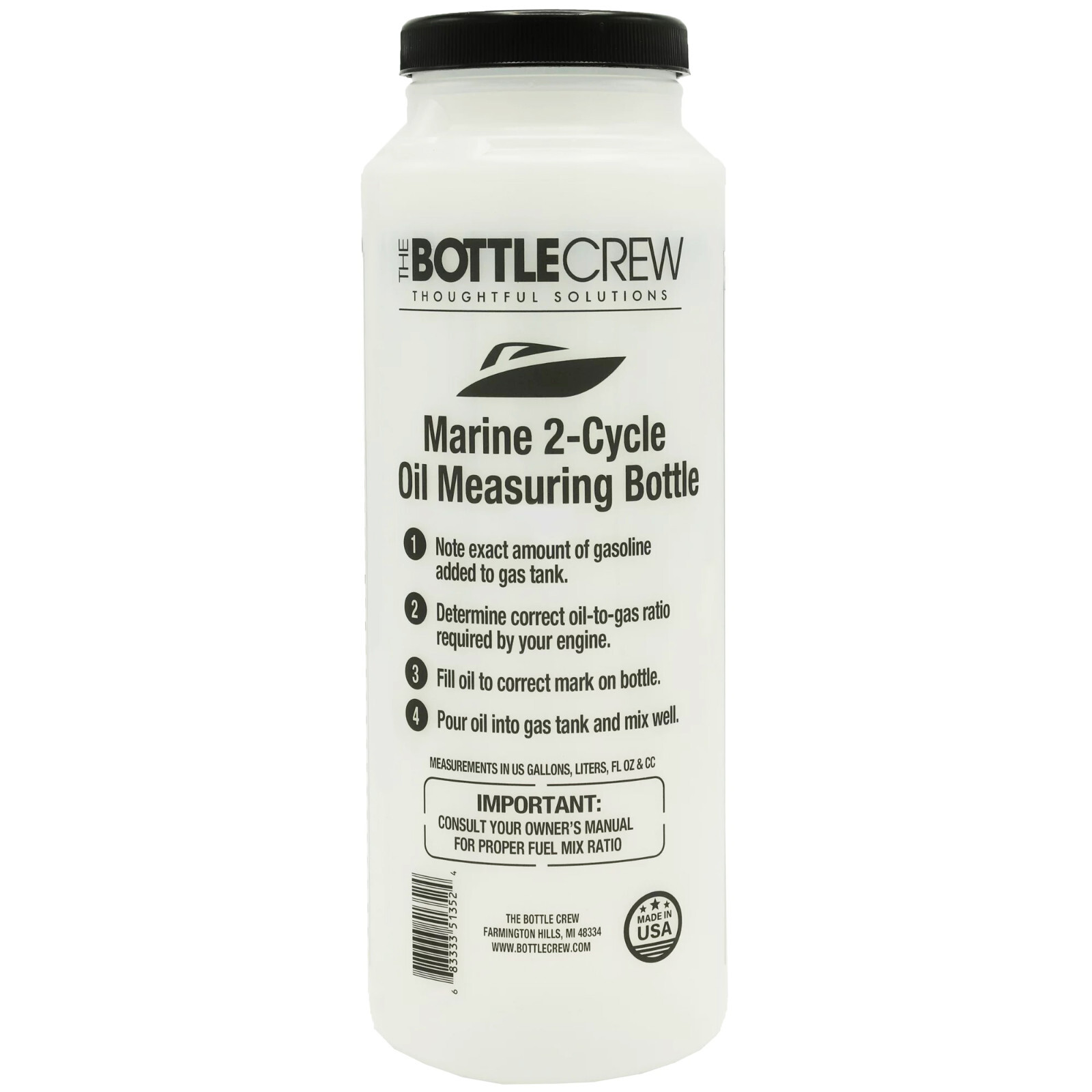 MARINE 2-CYCLE OIL MEASURING BOTTLE 32 FL OZ US GALLONS & LITERS FUEL ...