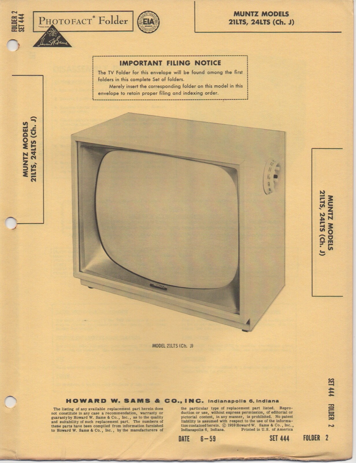 1959 MUNTZ 21LTS 24LTS TELEVISION SERVICE MANUAL PHOTOFACT SCHEMATIC ...