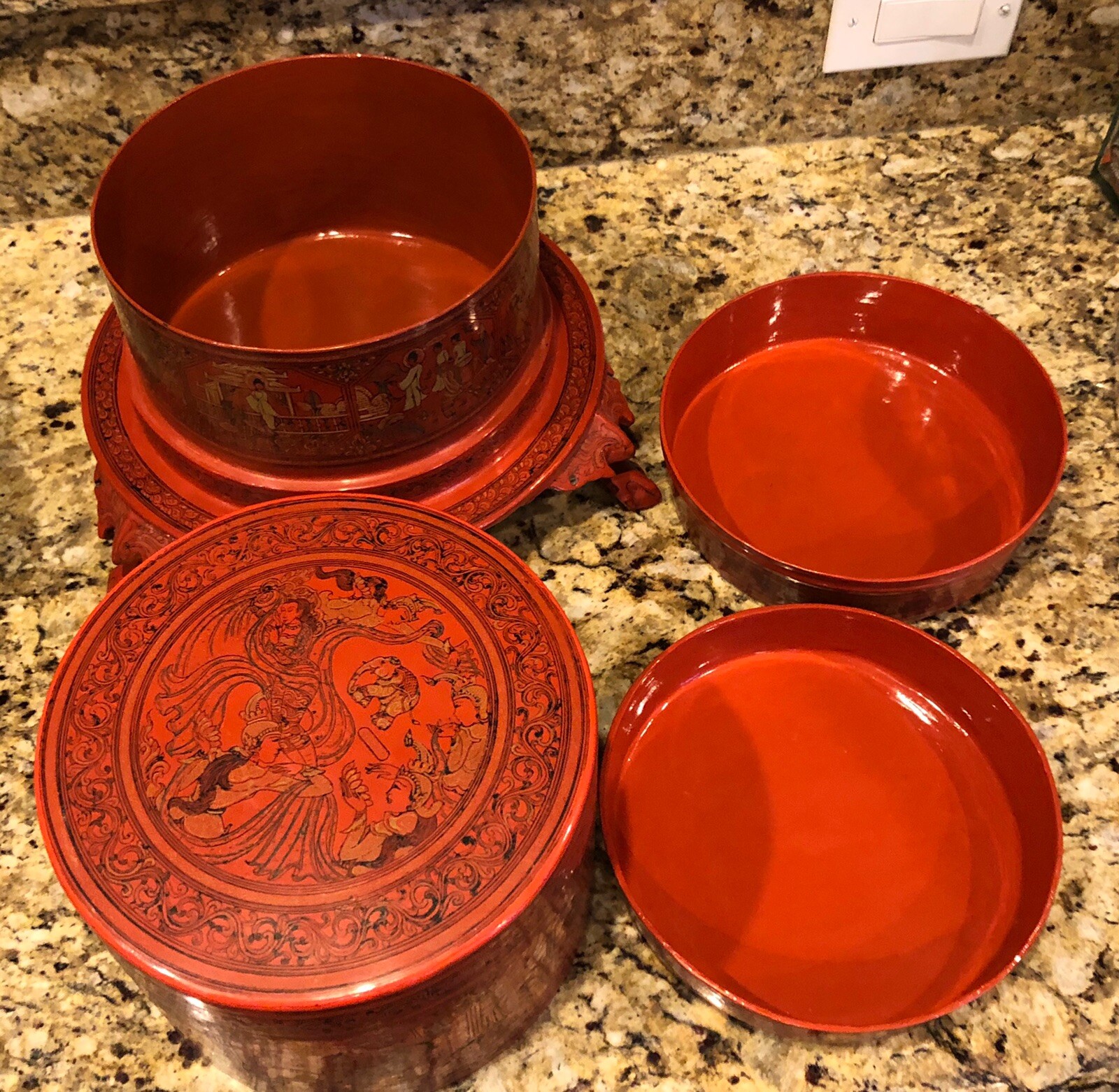 RARE SIGNED LARGE RED LACQUER BIRD FOOTED 4 PIECE LUNCH BOX BUDDHA ...