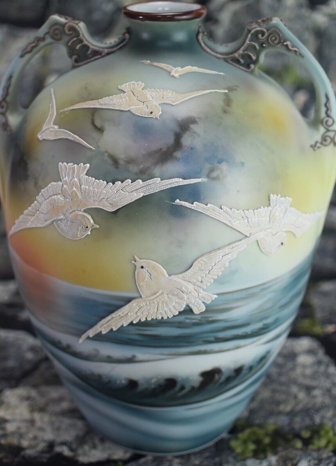 Antique Nippon Vase Moriage Raised Enamel Porcelain Seagulls Motif ...