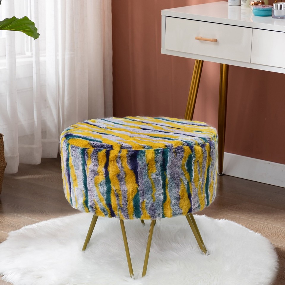 Luxury Plush Multi Jacquard Faux Fur Ottoman Round Foot Rest Stool for ...