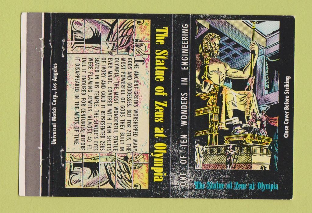 Matchbook Cover - Statue Zeus Olympia Arrowsmith Tool Die Los Angeles ...