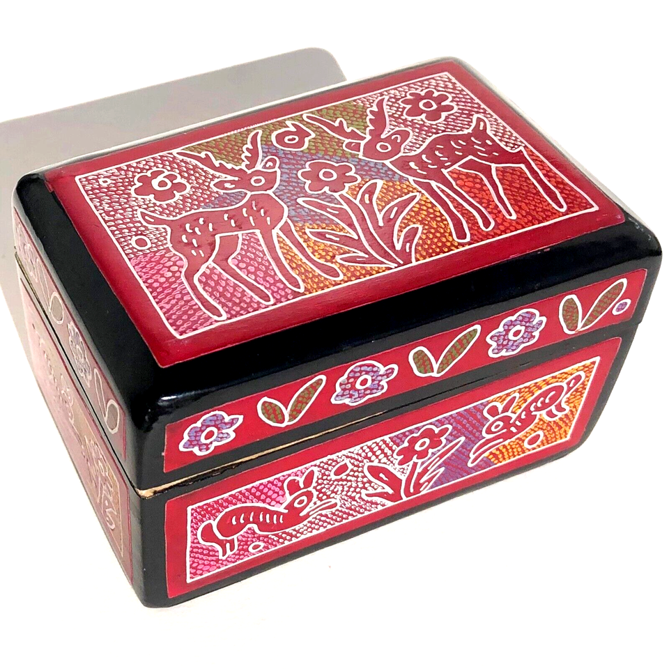 Olinala Mexico folk art trinket jewelry box wood black lacquer red deer ...
