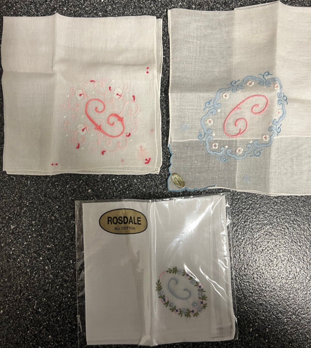 3 Linen Handkerchief C Monogram Cotton Embroidered White Pink Blue | eBay