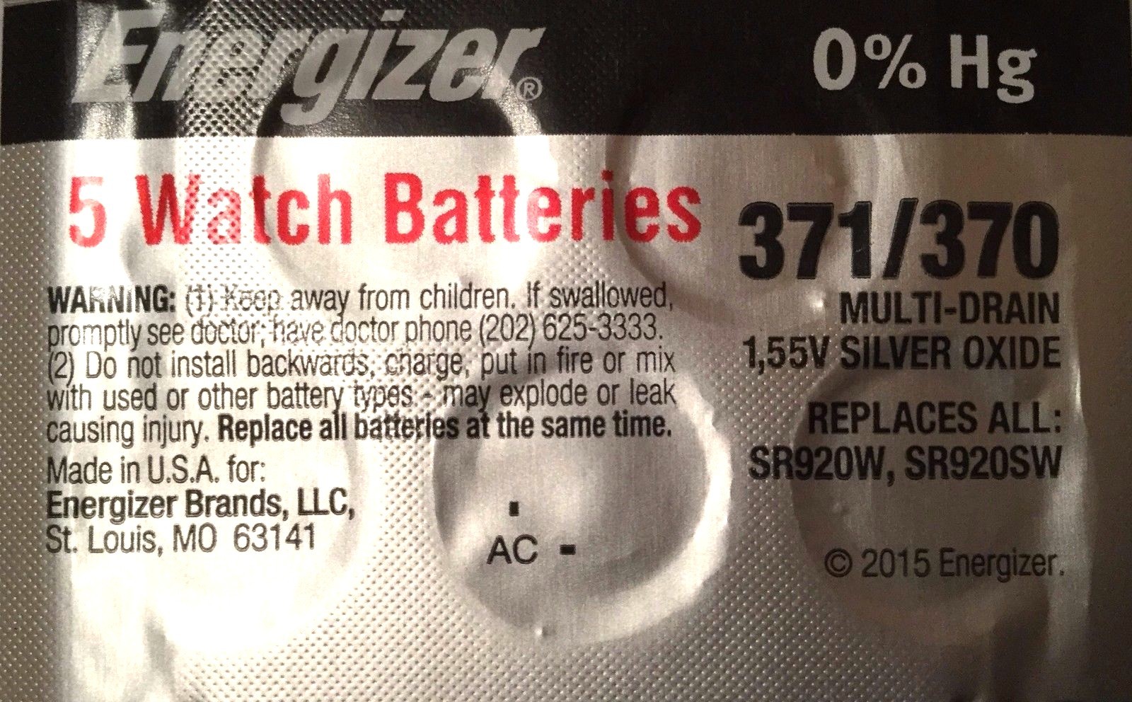 5 x ENERGIZER SR920SW 371 SilverOxide1.55v Watch Batteries Aussie Stock ...