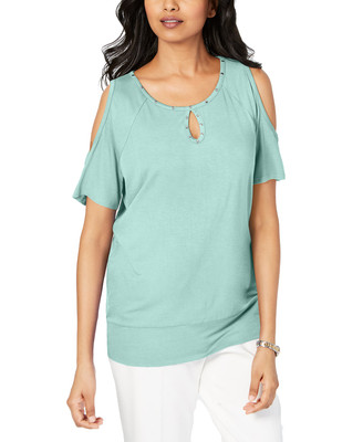 JM Collection Women's Studded Cold-Shoulder Top (Large, Aqua Flash) | eBay