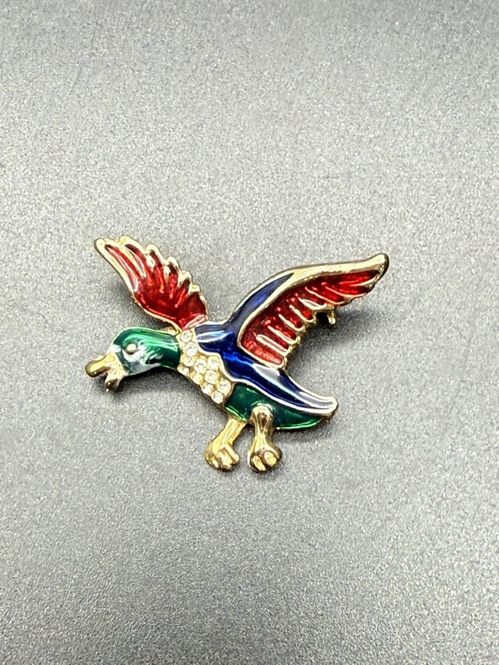 Vintage Gold Toned & Multicolor Enamel & Rhinestone Flying Duck Pin ...