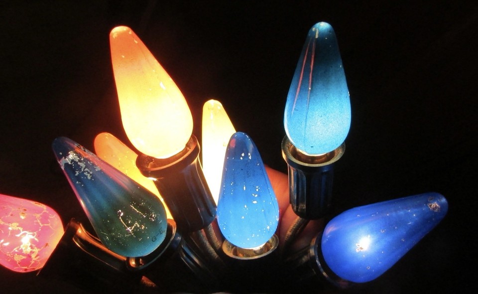 8 VTG C6 GE Christmas Light Bulbs Work Cloth Cord Pink Yellow Blue ...