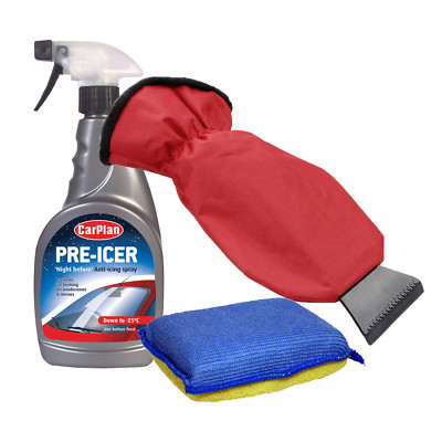 Carplan Pre De Icer Spray 500ml + Ice Scraper with Fleece Mitt + Demist ...