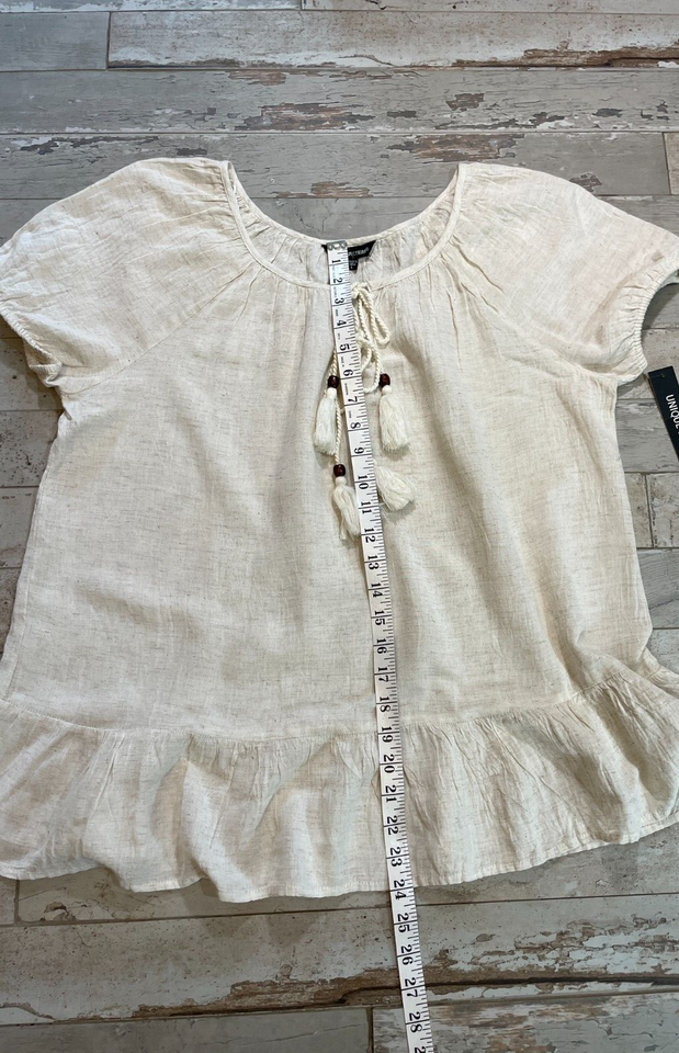 Unique Spectrum Linen Blend Blouse L Beige Short Puff Sleeve Ruffle Tie ...
