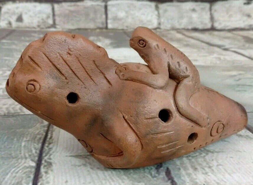 Vintage Clay Terra Cotta Lizard And Frog Ocarina Flute Whistle 6.5 ...