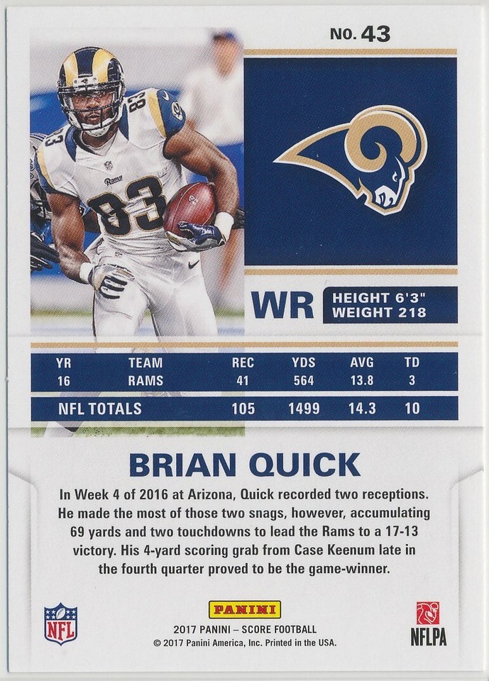 Brian Quick 2017 Panini Score Football #43 Los Angeles Rams | eBay