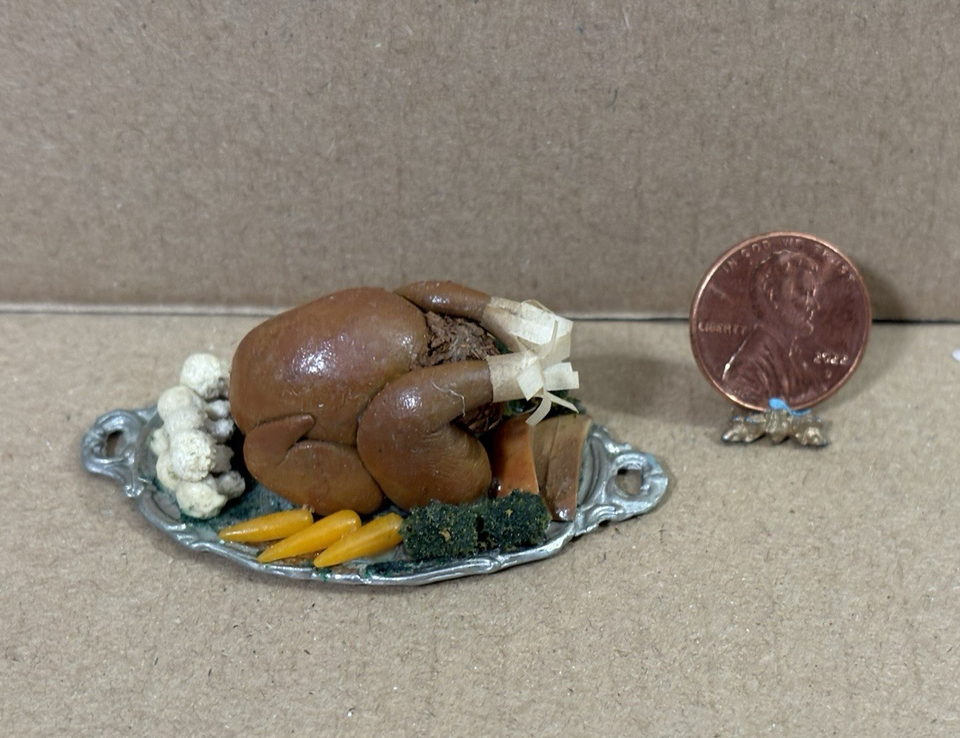 DOLLHOUSE MINIATURE. TURKEY ON A PLATTER. W/EXTRAS. LOT of 3 ITEMS. 1: ...