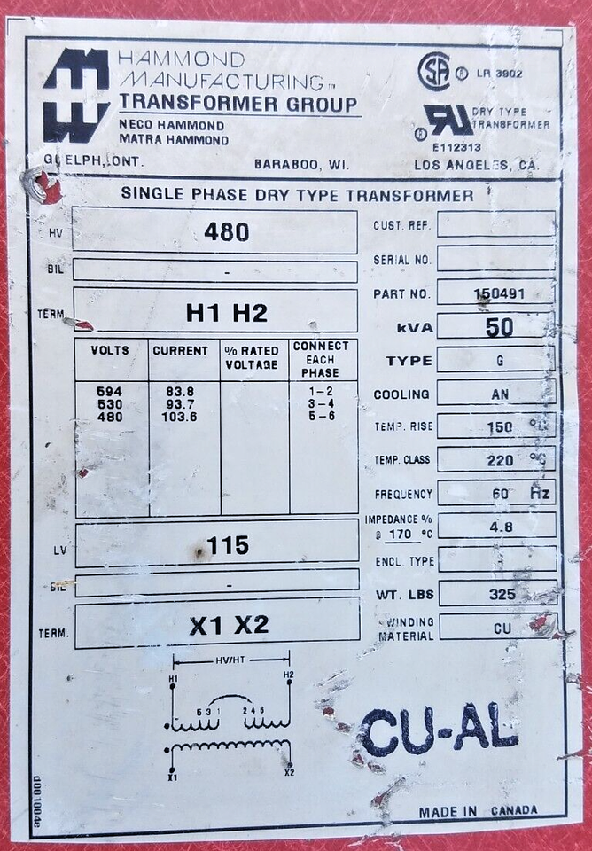 (1) Hammond 50 kVA 480 to 115 Dry Type 1PH Transformer 150491 Single ...